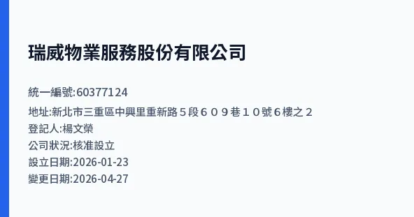 瑞威物業服務股份有限公司的照片-統編 60377124(新北市) 公司登記資料與營業項目詳細圖表