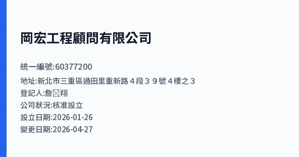 岡宏工程顧問有限公司的照片-統編 60377200(新北市) 公司登記資料與營業項目詳細圖表