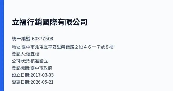 立福行銷國際有限公司的照片-統編 60377508(臺中市) 公司登記資料與營業項目詳細圖表