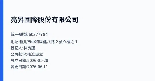 亮昇國際股份有限公司的照片-統編 60377784(新北市) 公司登記資料與營業項目詳細圖表