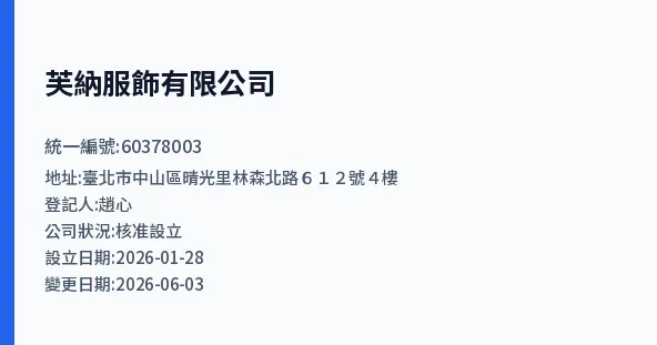 芙納服飾有限公司的照片-統編 60378003(臺北市) 公司登記資料與營業項目詳細圖表