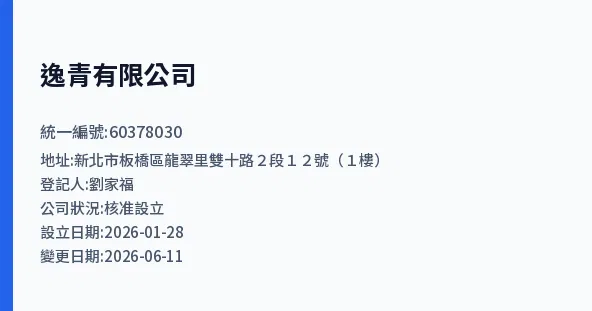 逸青有限公司的照片-統編 60378030(新北市) 公司登記資料與營業項目詳細圖表