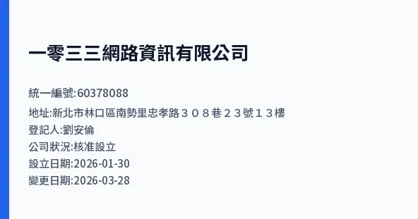 一零三三網路資訊有限公司的照片-統編 60378088(新北市) 公司登記資料與營業項目詳細圖表