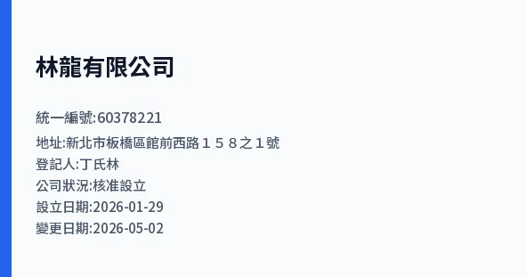 林龍有限公司的照片-統編 60378221(新北市) 公司登記資料與營業項目詳細圖表