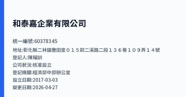 和泰嘉企業有限公司的照片-統編 60378345(彰化縣) 公司登記資料與營業項目詳細圖表