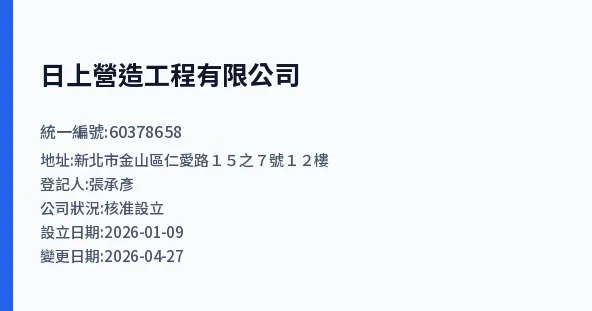 日上營造工程有限公司的照片-統編 60378658(新北市) 公司登記資料與營業項目詳細圖表