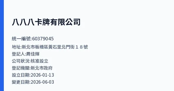 八八八卡牌有限公司的照片-統編 60379045(新北市) 公司登記資料與營業項目詳細圖表