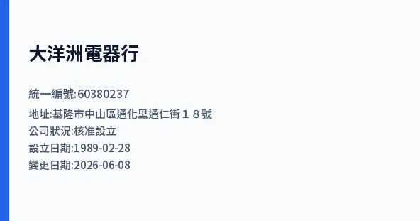 大洋洲電器行的照片-統編 60380237(基隆市) 公司登記資料與營業項目詳細圖表