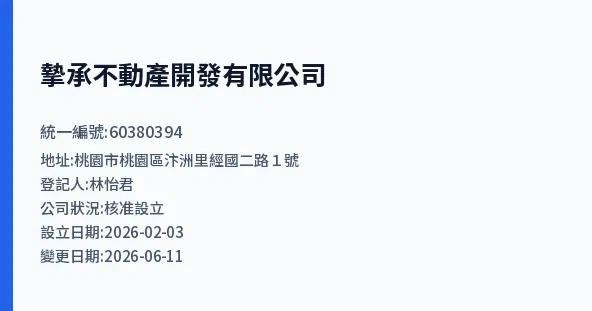 摯承不動產開發有限公司的照片-統編 60380394(桃園市) 公司登記資料與營業項目詳細圖表