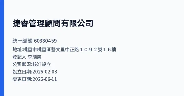 捷睿管理顧問有限公司的照片-統編 60380459(桃園市) 公司登記資料與營業項目詳細圖表