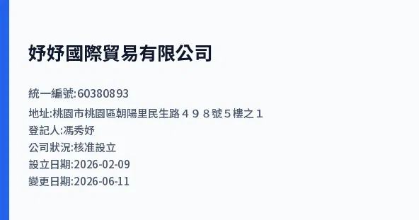 妤妤國際貿易有限公司的照片-統編 60380893(桃園市) 公司登記資料與營業項目詳細圖表
