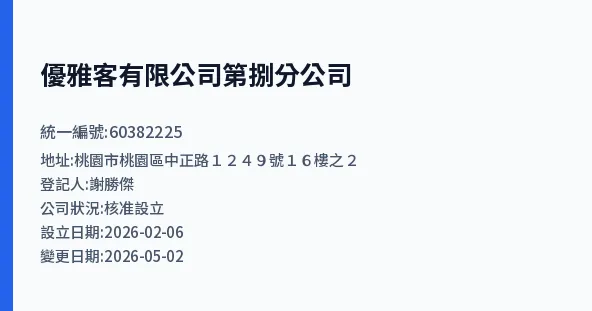 優雅客有限公司第捌分公司的照片-統編 60382225(桃園市) 公司登記資料與營業項目詳細圖表