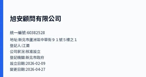旭安顧問有限公司的照片-統編 60382528(新北市) 公司登記資料與營業項目詳細圖表