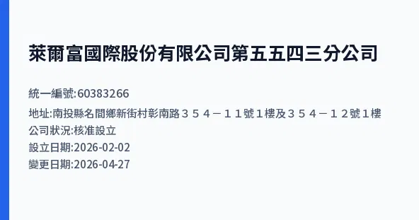 萊爾富國際股份有限公司第五五四三分公司的照片-統編 60383266(南投縣) 公司登記資料與營業項目詳細圖表