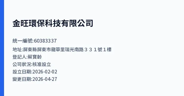 金旺環保科技有限公司的照片-統編 60383337(屏東縣) 公司登記資料與營業項目詳細圖表
