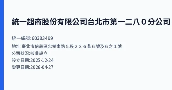 統一超商股份有限公司台北市第一二八0分公司的照片-統編 60383499(臺北市) 公司登記資料與營業項目詳細圖表