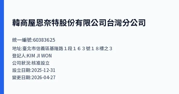 韓商屋恩奈特股份有限公司台灣分公司的照片-統編 60383625(臺北市) 公司登記資料與營業項目詳細圖表