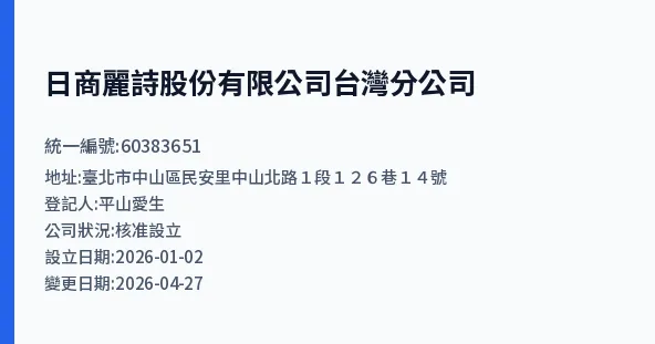 日商麗詩股份有限公司台灣分公司的照片-統編 60383651(臺北市) 公司登記資料與營業項目詳細圖表