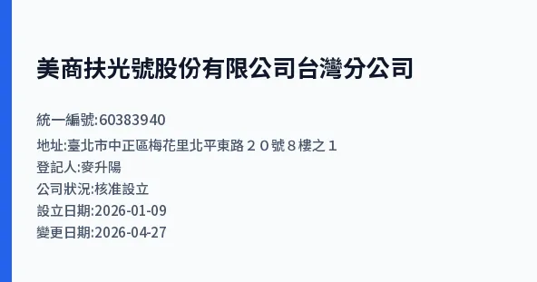 美商扶光號股份有限公司台灣分公司的照片-統編 60383940(臺北市) 公司登記資料與營業項目詳細圖表