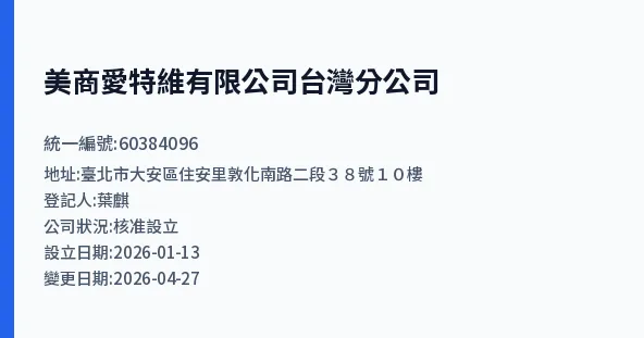 美商愛特維有限公司台灣分公司的照片-統編 60384096(臺北市) 公司登記資料與營業項目詳細圖表