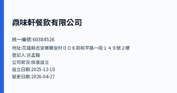 鼎味軒餐飲有限公司的照片-統編 60384526(花蓮縣) 公司登記資料與營業項目詳細圖表