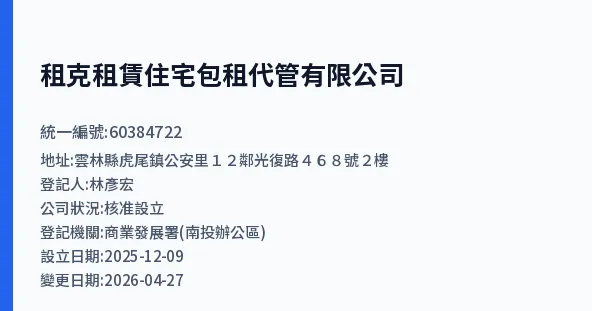 租克租賃住宅包租代管有限公司的照片-統編 60384722(雲林縣) 公司登記資料與營業項目詳細圖表