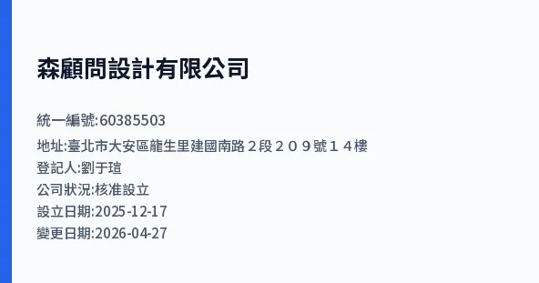森顧問設計有限公司的照片-統編 60385503(臺北市) 公司登記資料與營業項目詳細圖表