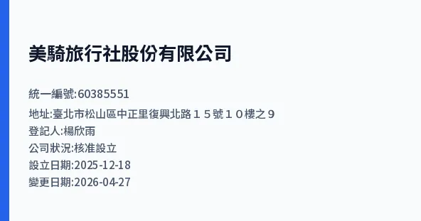 美騎旅行社股份有限公司的照片-統編 60385551(臺北市) 公司登記資料與營業項目詳細圖表
