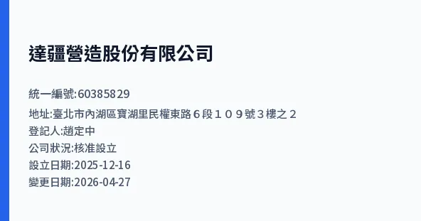 達疆營造股份有限公司的照片-統編 60385829(臺北市) 公司登記資料與營業項目詳細圖表