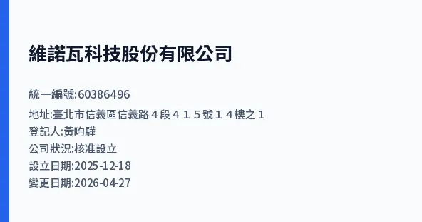 維諾瓦科技股份有限公司的照片-統編 60386496(臺北市) 公司登記資料與營業項目詳細圖表