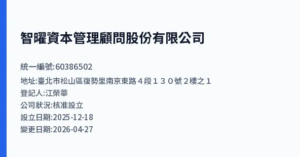 智曜資本管理顧問股份有限公司的照片-統編 60386502(臺北市) 公司登記資料與營業項目詳細圖表