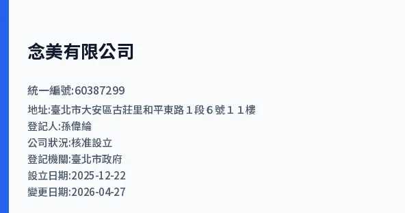 念美有限公司的照片-統編 60387299(臺北市) 公司登記資料與營業項目詳細圖表
