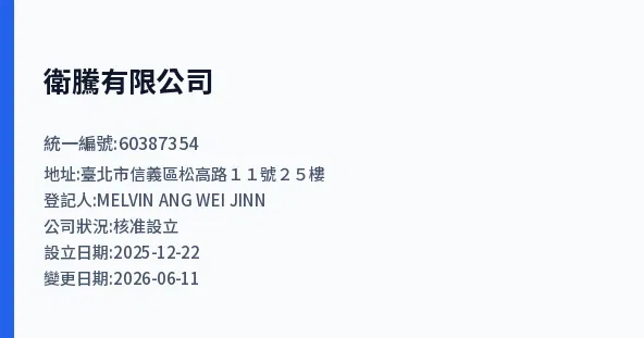 衛騰有限公司的照片-統編 60387354(臺北市) 公司登記資料與營業項目詳細圖表