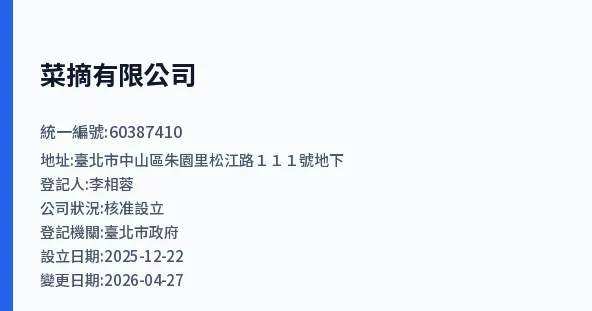 菜摘有限公司的照片-統編 60387410(臺北市) 公司登記資料與營業項目詳細圖表