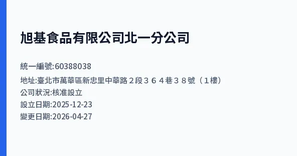旭基食品有限公司北一分公司的照片-統編 60388038(臺北市) 公司登記資料與營業項目詳細圖表
