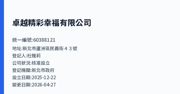 卓越精彩幸福有限公司的照片-統編 60388121(新北市) 公司登記資料與營業項目詳細圖表