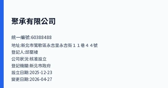 聚承有限公司的照片-統編 60388488(新北市) 公司登記資料與營業項目詳細圖表