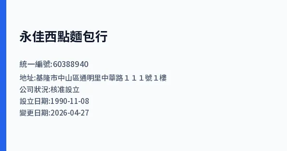 永佳西點麵包行的照片-統編 60388940(基隆市) 公司登記資料與營業項目詳細圖表