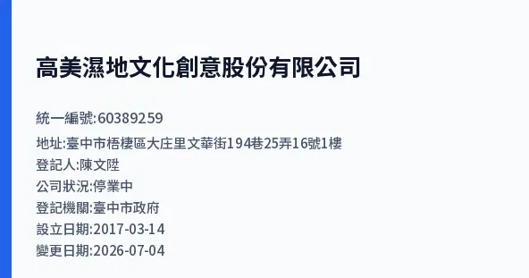 高美濕地文化創意股份有限公司的照片-統編 60389259(臺中市) 公司登記資料與營業項目詳細圖表