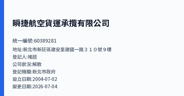 瞬捷航空貨運承攬有限公司的照片-統編 60389281(新北市) 公司登記資料與營業項目詳細圖表