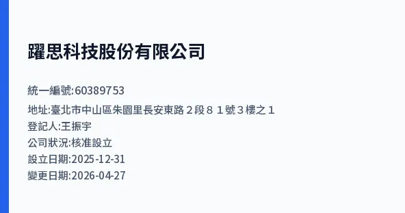 躍思科技股份有限公司的照片-統編 60389753(臺北市) 公司登記資料與營業項目詳細圖表