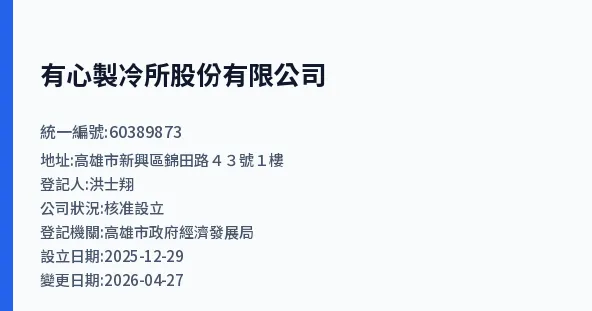 有心製冷所股份有限公司的照片-統編 60389873(高雄市) 公司登記資料與營業項目詳細圖表