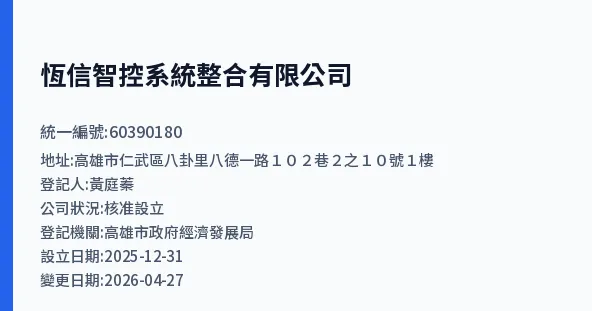 恆信智控系統整合有限公司的照片-統編 60390180(高雄市) 公司登記資料與營業項目詳細圖表