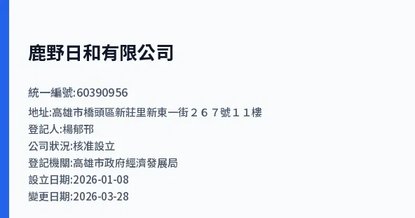 鹿野日和有限公司的照片-統編 60390956(高雄市) 公司登記資料與營業項目詳細圖表