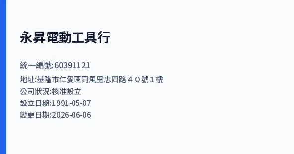 永昇電動工具行的照片-統編 60391121(基隆市) 公司登記資料與營業項目詳細圖表