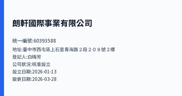 朗軒國際事業有限公司的照片-統編 60393588(臺中市) 公司登記資料與營業項目詳細圖表