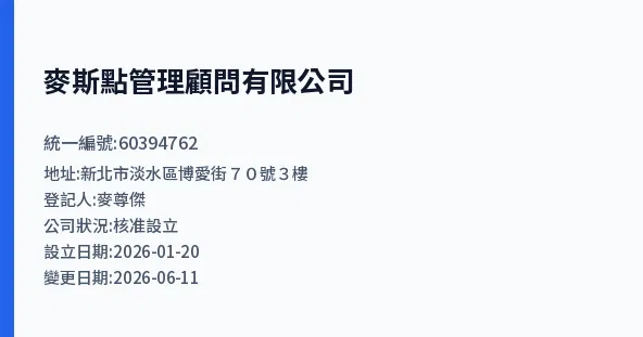 麥斯點管理顧問有限公司的照片-統編 60394762(新北市) 公司登記資料與營業項目詳細圖表