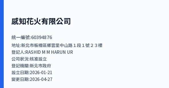 感知花火有限公司的照片-統編 60394876(新北市) 公司登記資料與營業項目詳細圖表