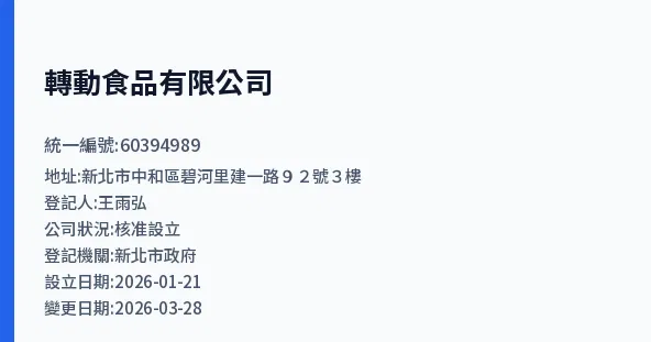 轉動食品有限公司的照片-統編 60394989(新北市) 公司登記資料與營業項目詳細圖表