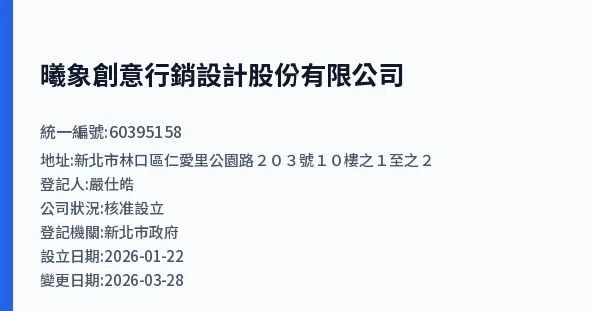 曦象創意行銷設計股份有限公司的照片-統編 60395158(新北市) 公司登記資料與營業項目詳細圖表